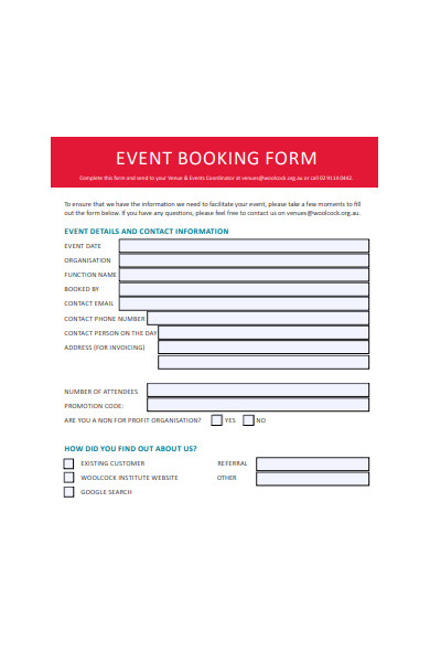 FREE 56+ Event Booking Form Samples, PDF, MS Word, Google Docs, Excel