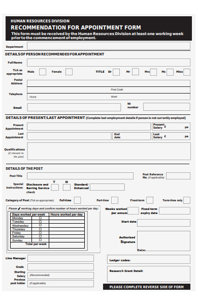 FREE 56+ Appointment Form Samples, PDF, MS Word, Google Docs