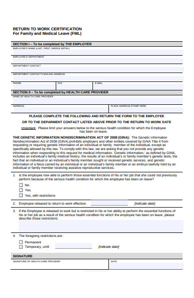 FREE 54+ Return to Work Form Samples, PDF, MS Word, Google Docs