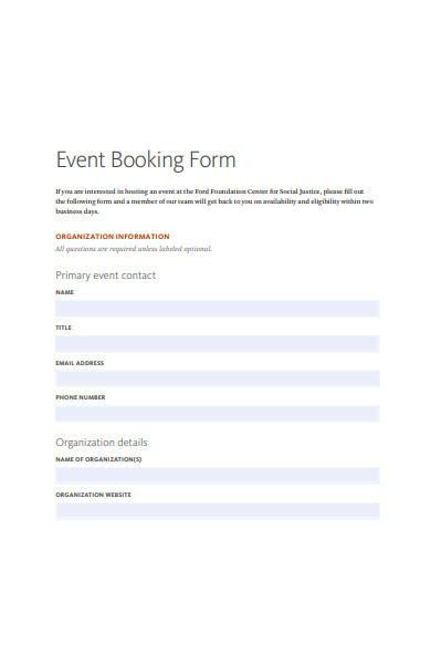 FREE 56+ Event Booking Form Samples, PDF, MS Word, Google Docs, Excel