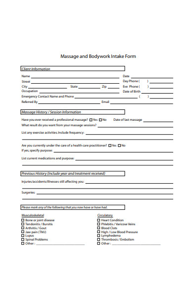 FREE 10+ Massage Intake Form Samples, PDF, MS Word, Google Docs
