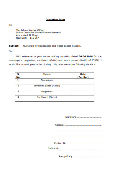 FREE 57+ Quotation Form Samples, PDF, MS Word, Google Docs, Excel