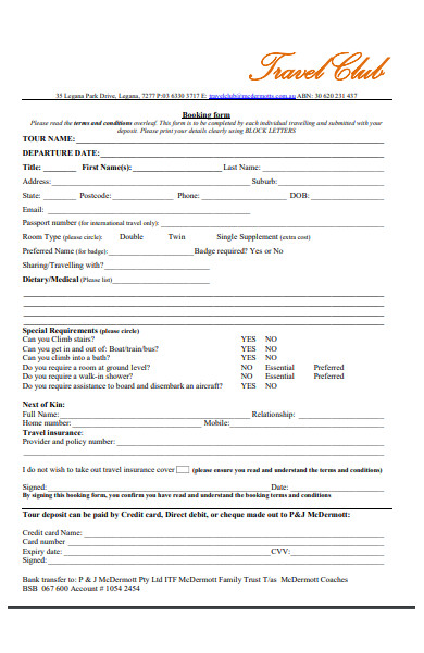 FREE 42+ Travel Booking Form Samples, PDF, MS Word, Google Docs