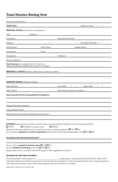 FREE 42+ Travel Booking Form Samples, PDF, MS Word, Google Docs