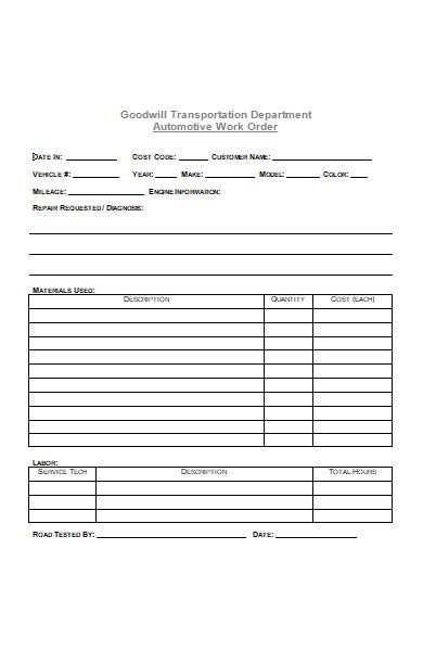 Mechanic Work Order Template Word