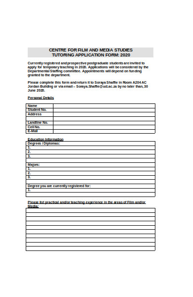 FREE 31+ Tutor Application Forms in PDF | MS Word