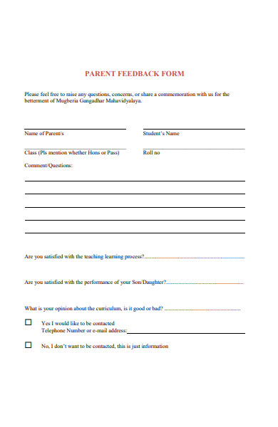 FREE 32+ Parent Feedback Form Samples, PDF, MS Word, Google Docs, Excel