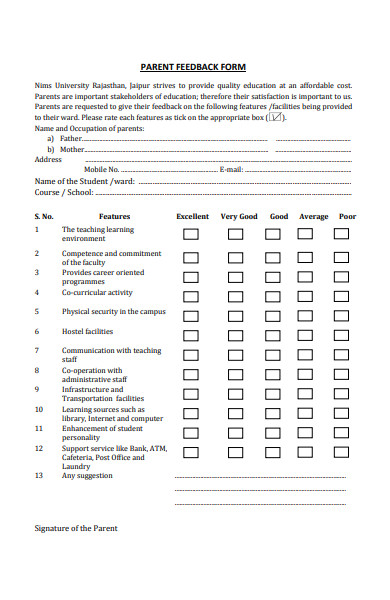 FREE 32+ Parent Feedback Form Samples, PDF, MS Word, Google Docs, Excel