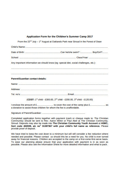 FREE 31+ Summer Camp Application Forms in PDF | MS Word | XLS