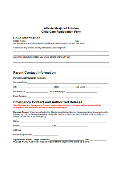 FREE 53+ Childcare Registration Form Samples, PDF, MS Word, Google Docs