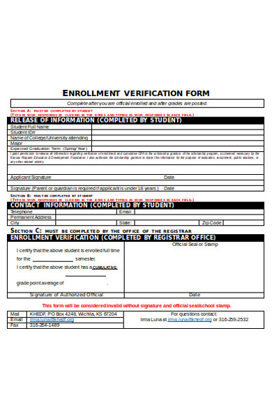 FREE 27 Enrollment Verification Forms In PDF Ms Word