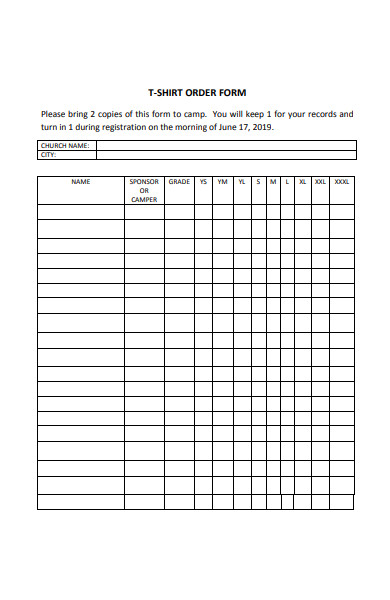 Free T Shirt Order Form Template Download Sample Order Templates T 