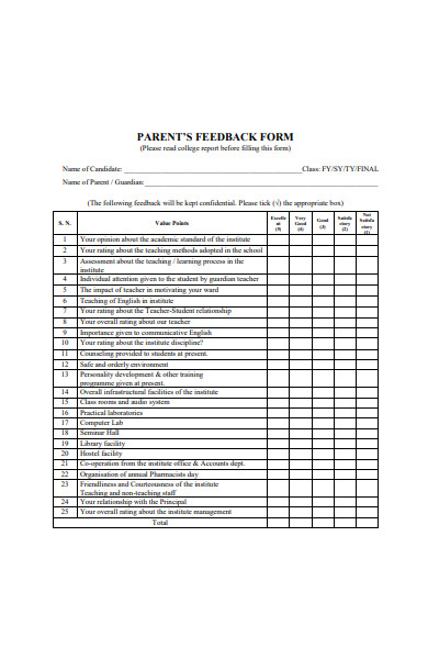 FREE 32+ Parent Feedback Form Samples, PDF, MS Word, Google Docs, Excel