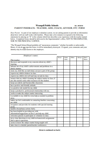 FREE 32+ Parent Feedback Form Samples, PDF, MS Word, Google Docs, Excel