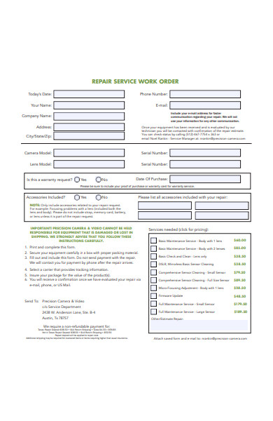 FREE 26+ Repair Work Order Form in PDF | Ms Word