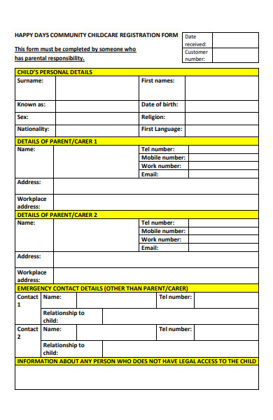 FREE 53+ Childcare Registration Form Samples, PDF, MS Word, Google Docs