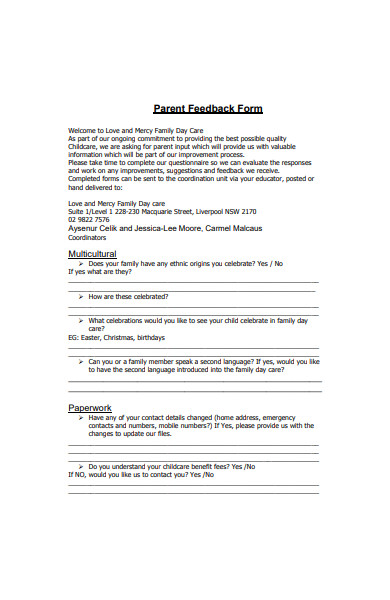 FREE 32+ Parent Feedback Form Samples, PDF, MS Word, Google Docs, Excel