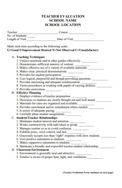 FREE 32+ Teachers Evaluation Forms in PDF | Ms Word