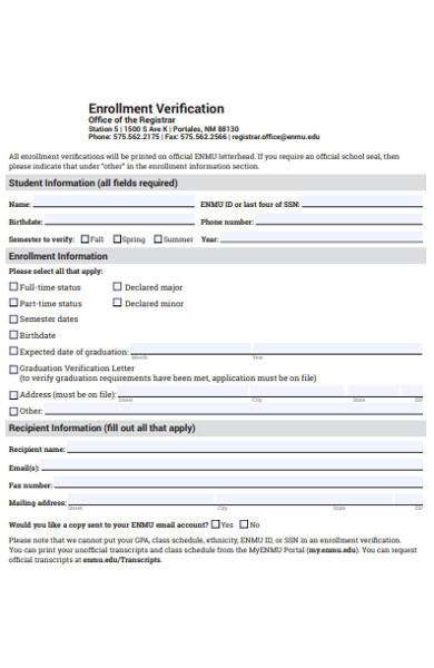 FREE 30+ Enrollment Verification Form Samples, PDF, MS Word, Google Docs