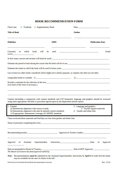 FREE 11+ Book Recommendation Forms in PDF | Ms Word