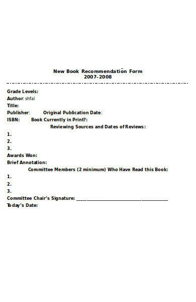 FREE 11+ Book Recommendation Forms in PDF | Ms Word