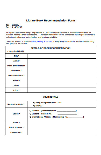 FREE 11+ Book Recommendation Forms in PDF | Ms Word