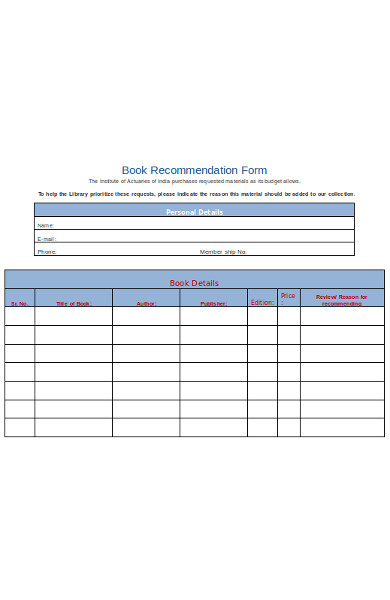 FREE 11+ Book Recommendation Forms in PDF | Ms Word