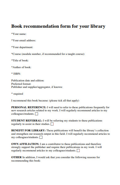 FREE 11+ Book Recommendation Forms in PDF | Ms Word