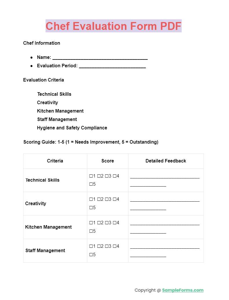 FREE 11+ Chef Evaluation Form Samples, PDF, MS Word, Google Docs, Excel