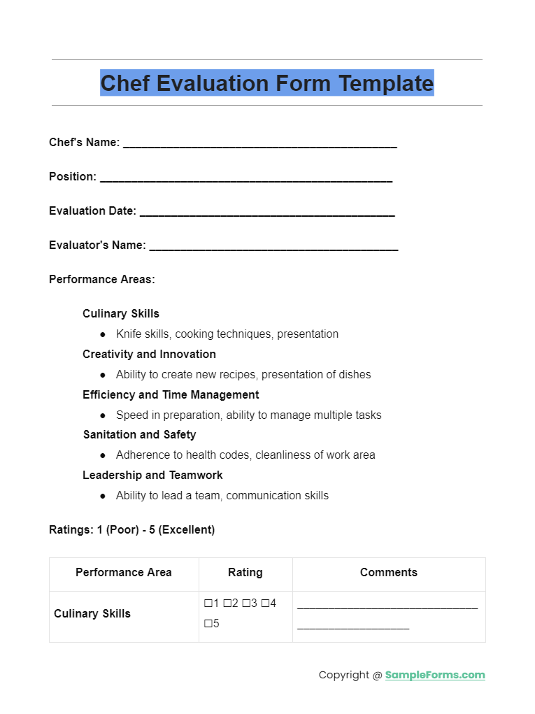 FREE 11+ Chef Evaluation Form Samples, PDF, MS Word, Google Docs, Excel