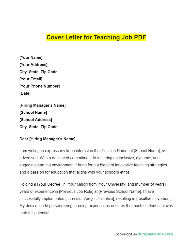 FREE 12+ Teacher Cover Letter Samples, PDF, MS Word, Google Docs