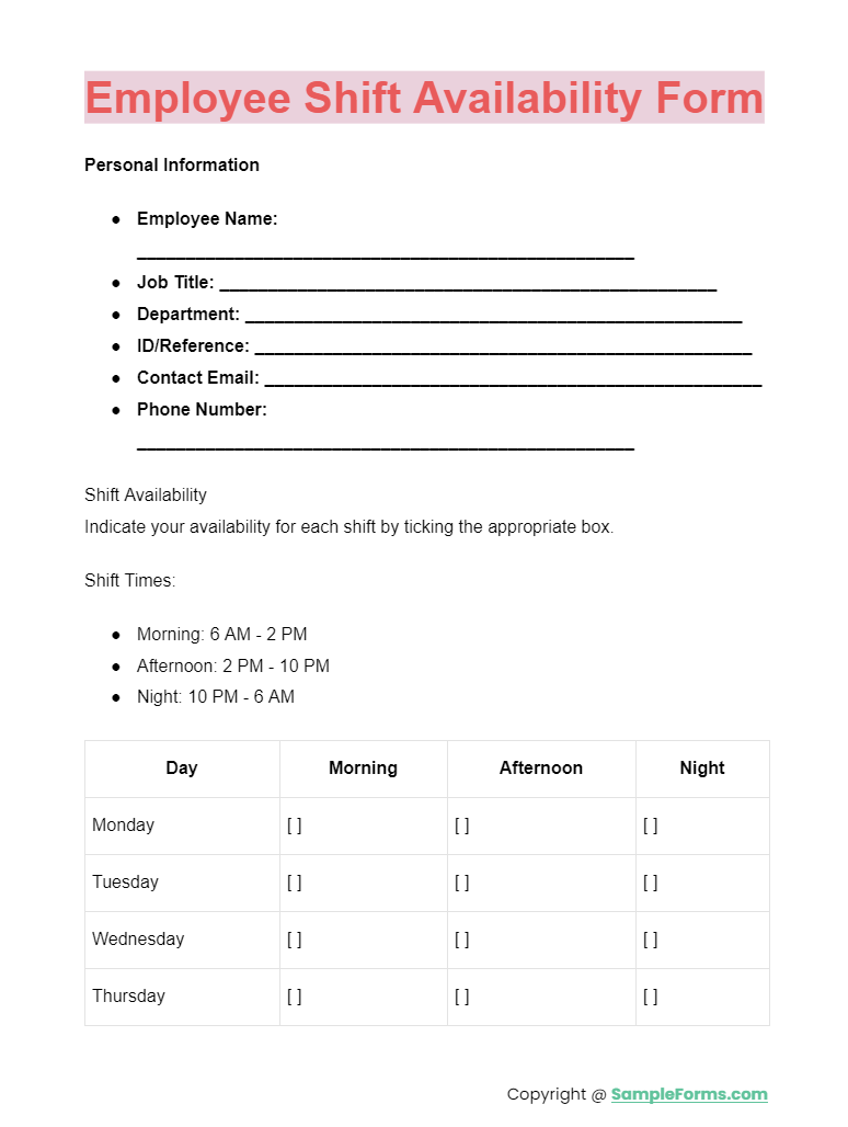 FREE 19+ Employee Availability Form Samples, PDF, MS Word, Google Docs