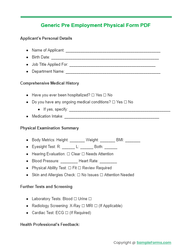 FREE 11+ Pre Employment Physical Form Samples, PDF, MS Word, Google Docs