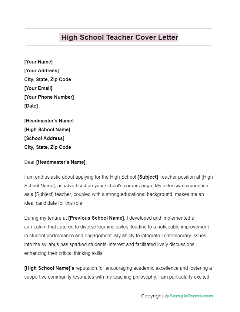 FREE 12+ Teacher Cover Letter Samples, PDF, MS Word, Google Docs