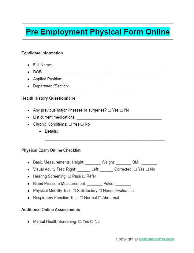 FREE 11+ Pre Employment Physical Form Samples, PDF, MS Word, Google Docs