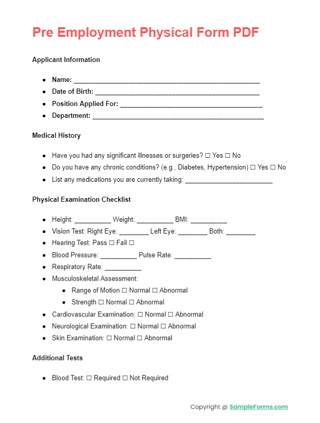 FREE 11+ Pre Employment Physical Form Samples, PDF, MS Word, Google Docs