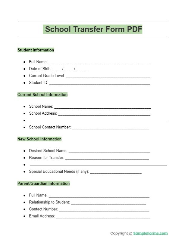 FREE 13+ School Transfer Form Samples, PDF, MS Word, Google Docs, Excel