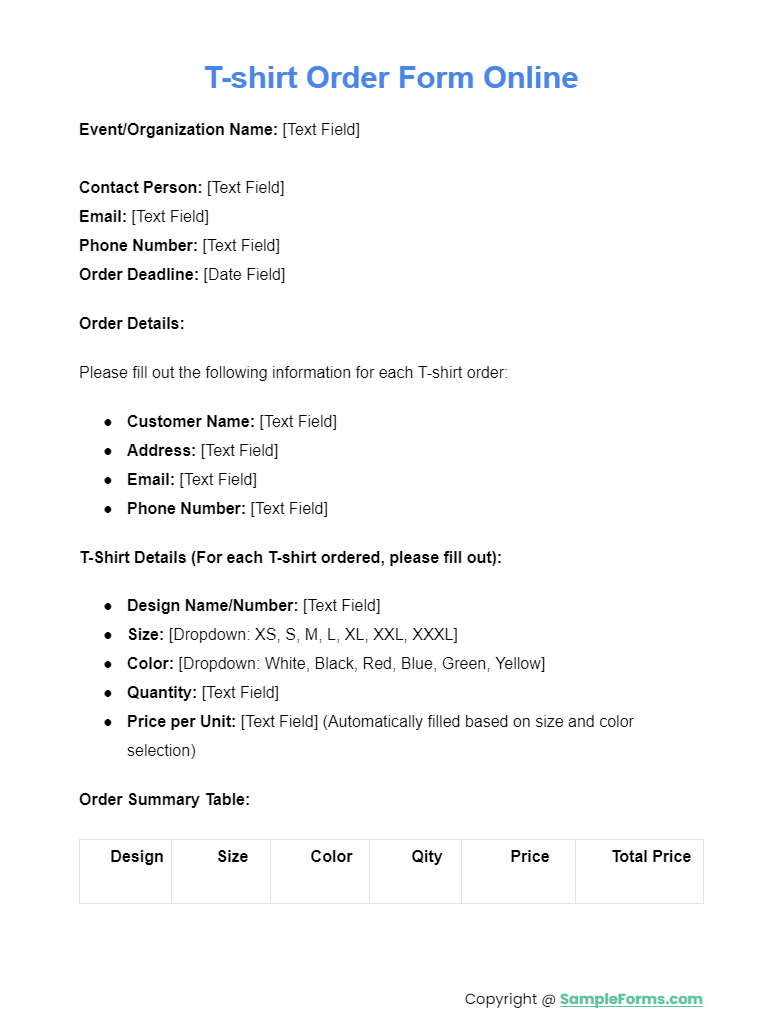 FREE 18+ T-Shirt Order Form Samples, PDF, MS Word, Google Docs, Excel ...