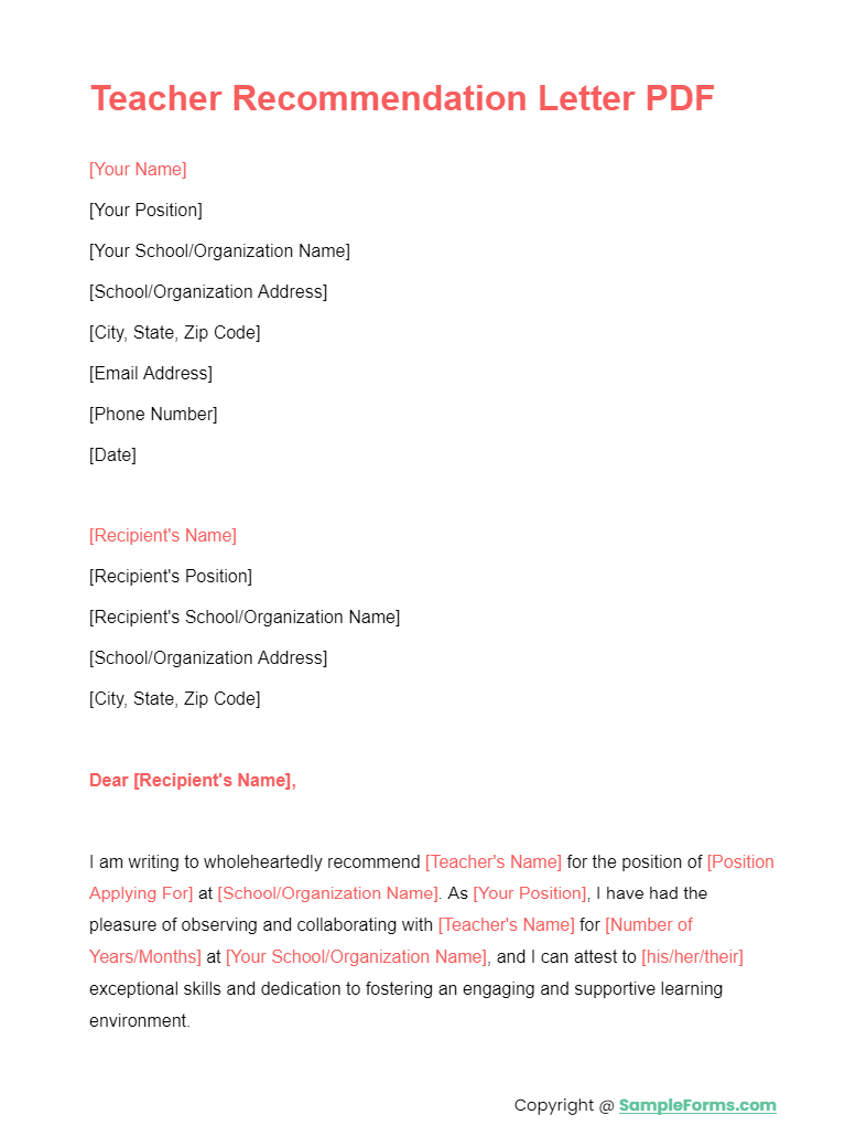 FREE 11+ Teacher Recommendation Letter Samples, PDF, MS Word, Google Docs