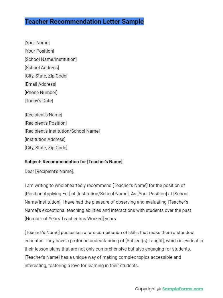 FREE 11+ Teacher Recommendation Letter Samples, PDF, MS Word, Google Docs