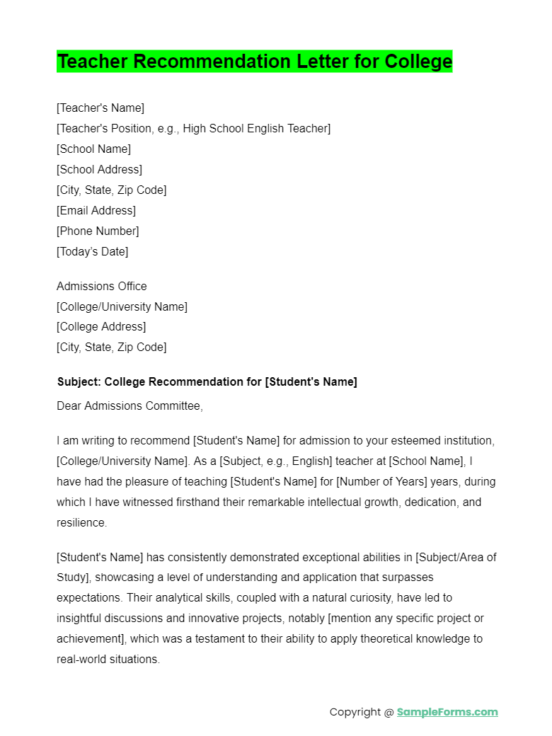 FREE 11+ Teacher Recommendation Letter Samples, PDF, MS Word, Google Docs