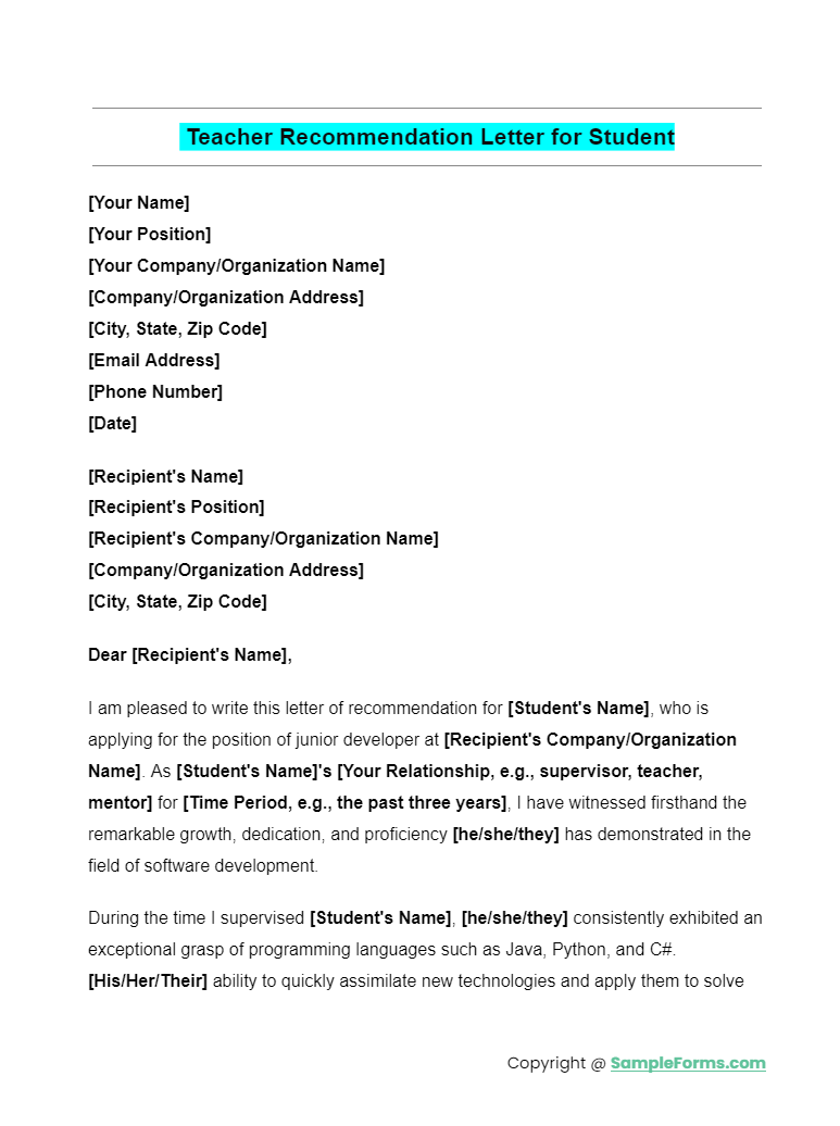 FREE 11+ Teacher Recommendation Letter Samples, PDF, MS Word, Google Docs
