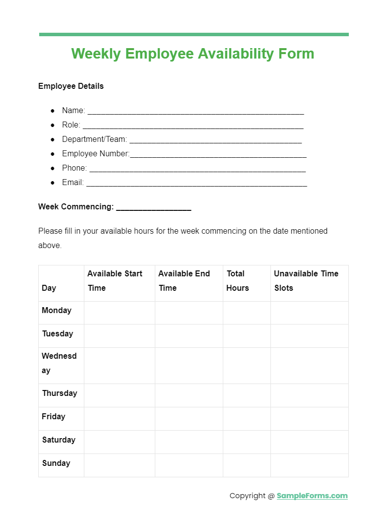 FREE 19+ Employee Availability Form Samples, PDF, MS Word, Google Docs