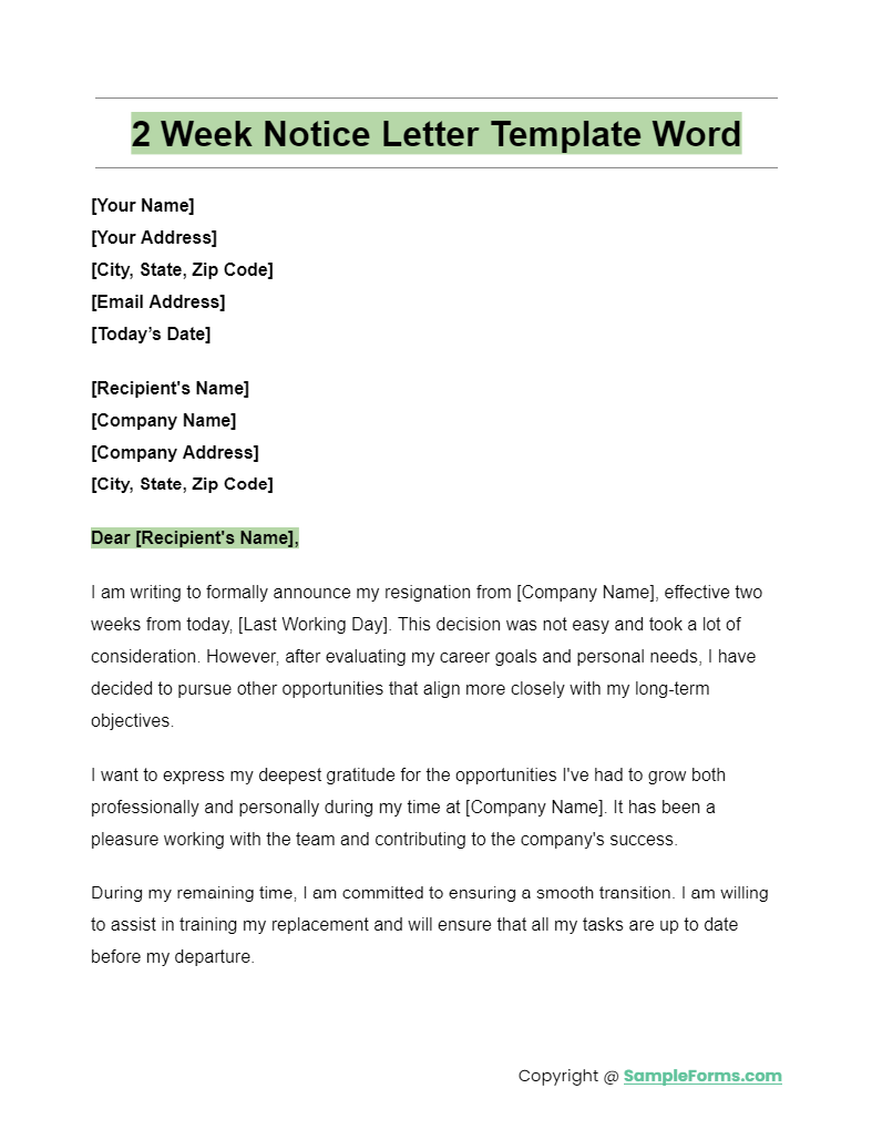 FREE 10+ 2 Week Notice Letter Samples, PDF, MS Word, Google Docs