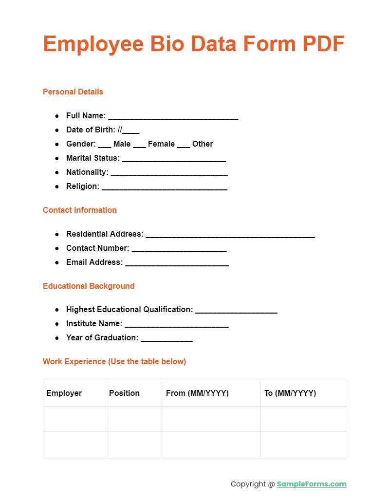 FREE 11+ Employee Bio-Data Form Samples, PDF, MS Word, Google Docs