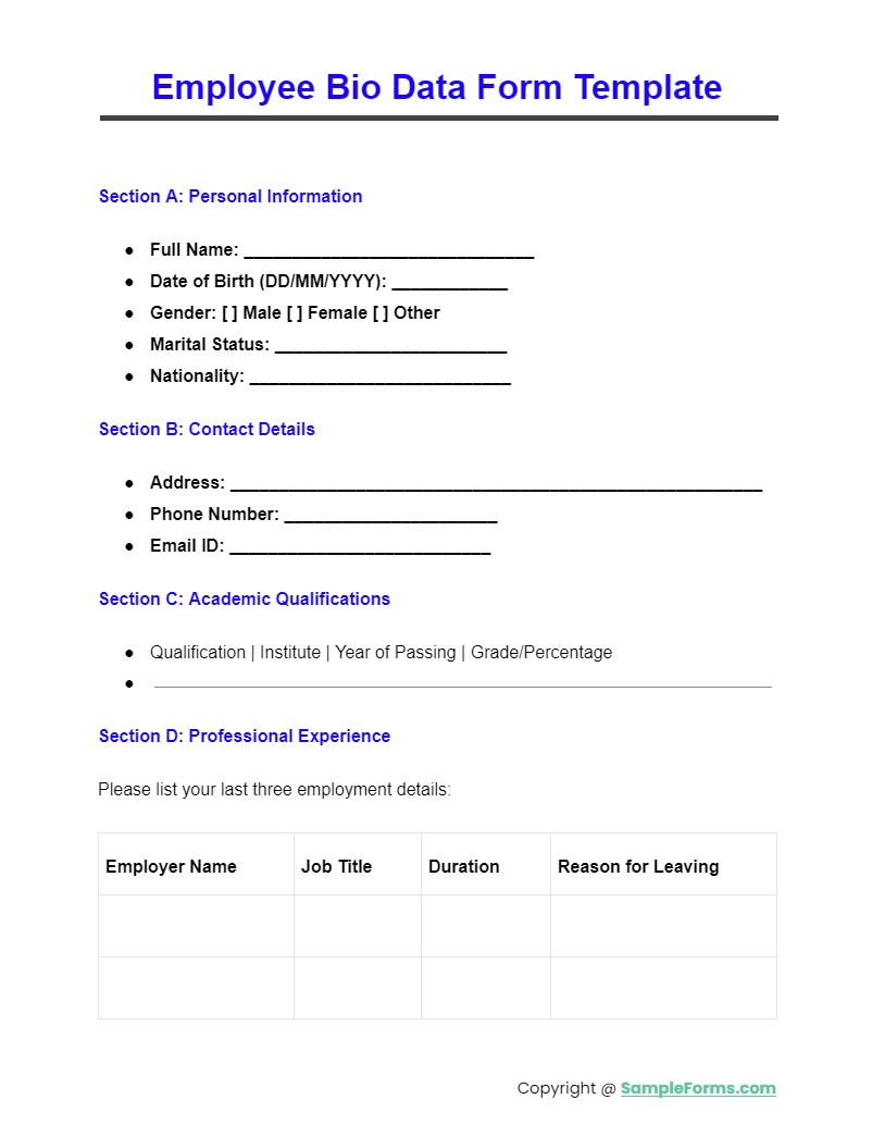 FREE 11+ Employee Bio-Data Form Samples, PDF, MS Word, Google Docs