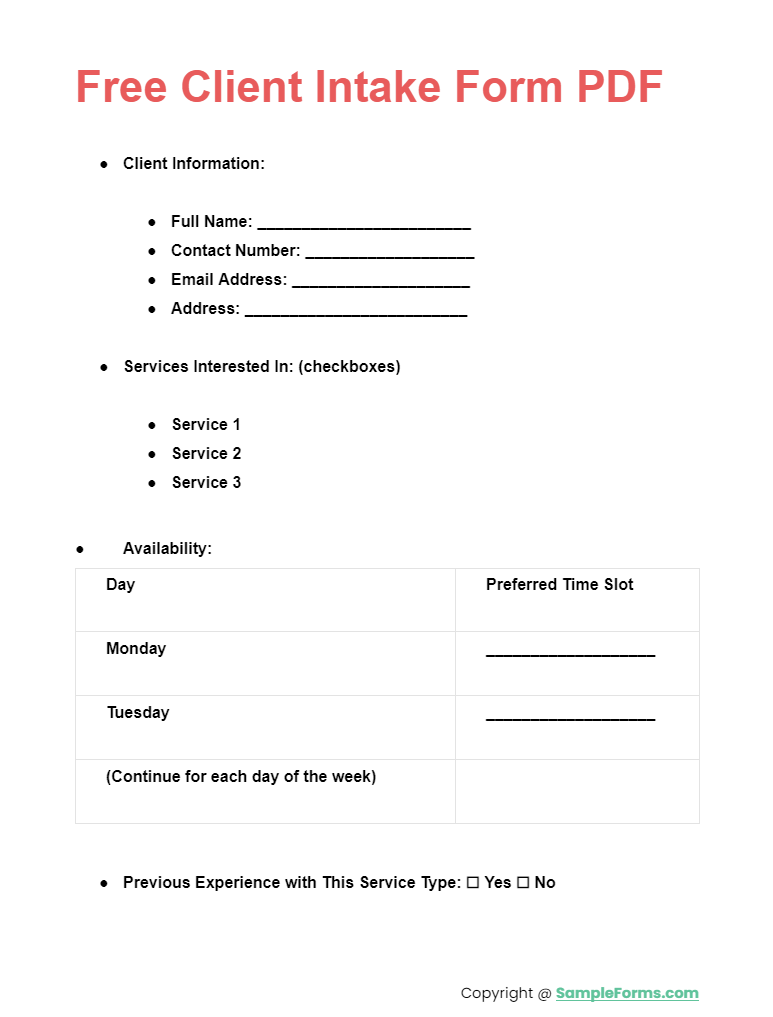 FREE 17+ Client Intake Form Samples, PDF, MS Word, Google Docs, Excel