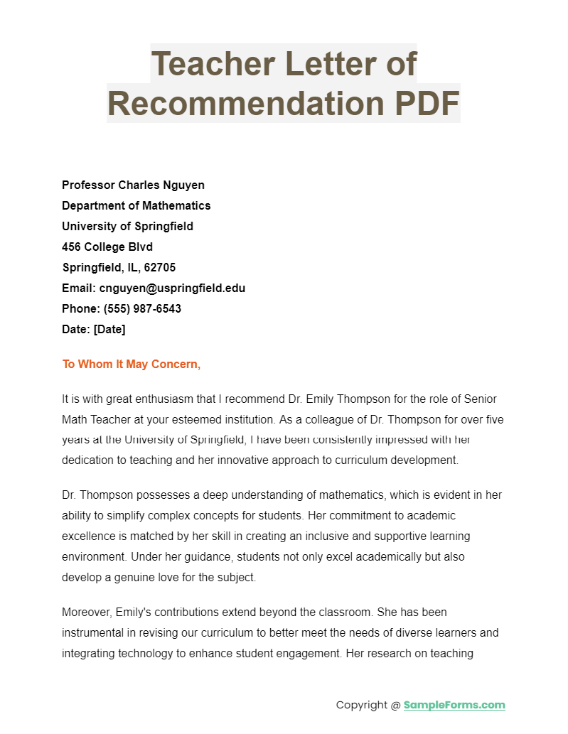 FREE 10+ Teacher Letter of Recommendation Samples, PDF, MS Word, Google ...