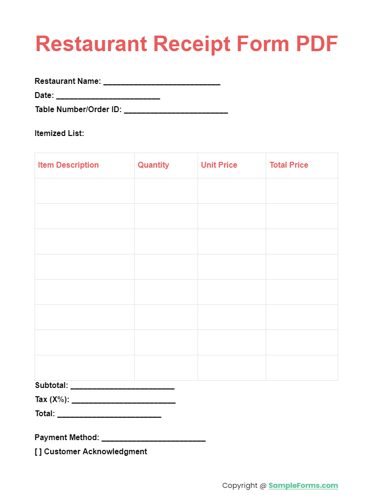 FREE 13+ Restaurant Receipt Form Samples, PDF, MS Word, Google Docs Excel
