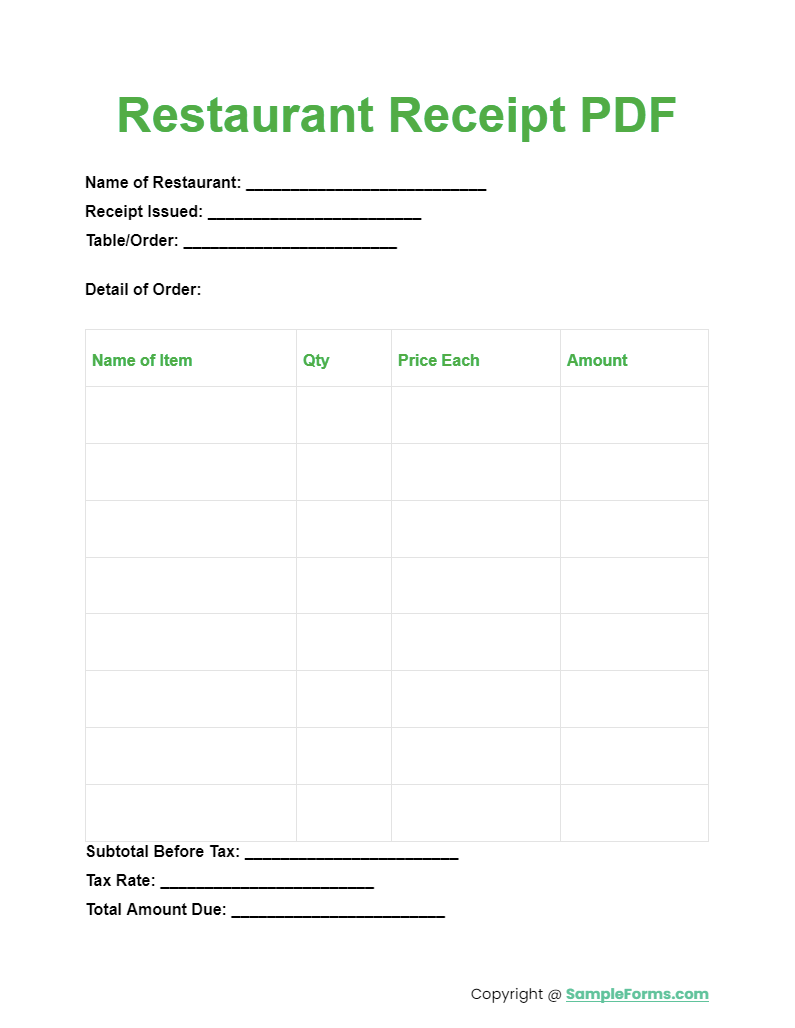 FREE 13+ Restaurant Receipt Form Samples, PDF, MS Word, Google Docs Excel